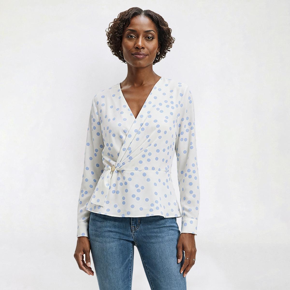 Click here for Womens Halston Long Sleeve Faux Wrap Polka Dot Blo... prices